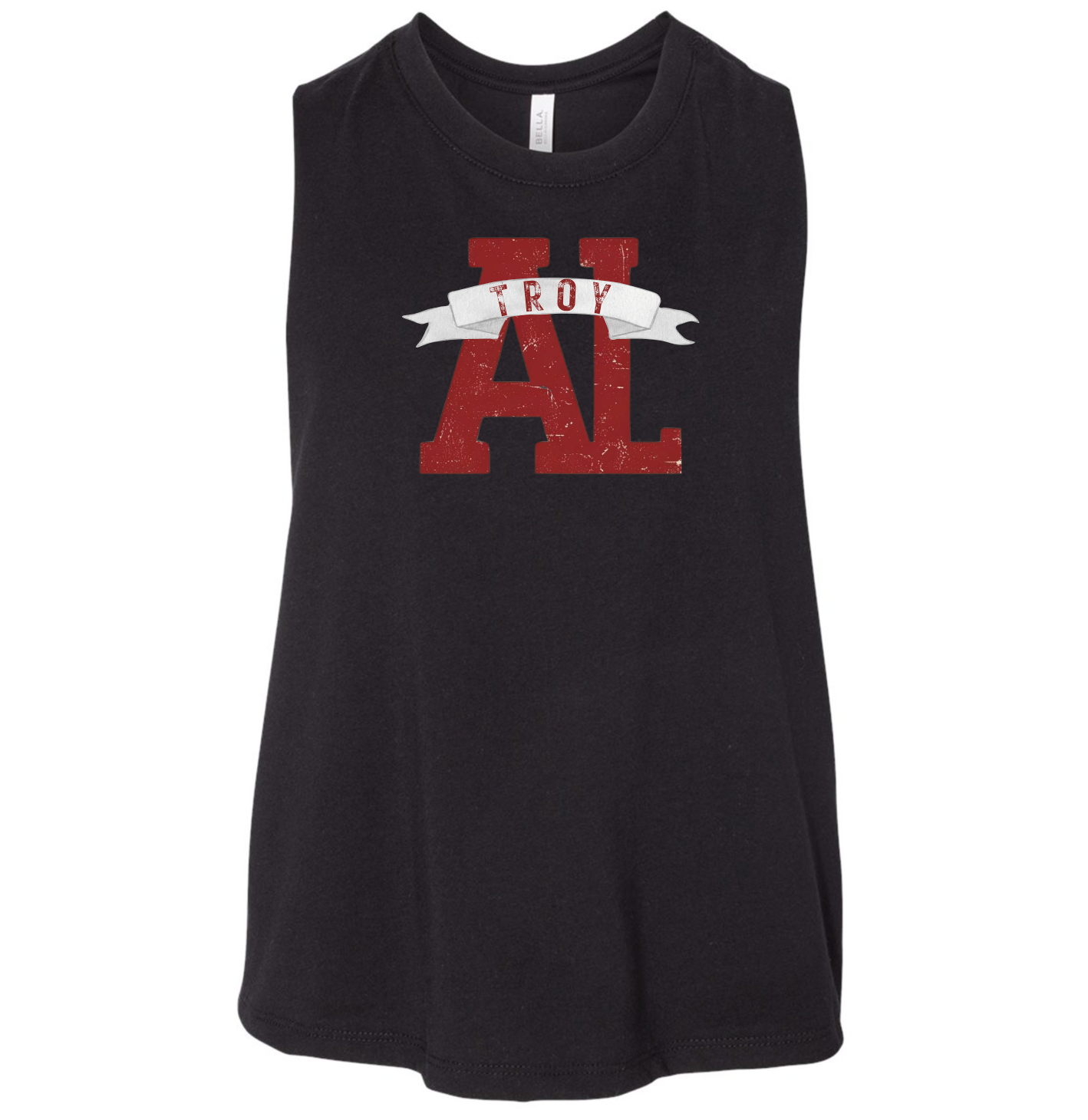 AL Troy Banner Distressed - Bella Canvas Crop Racerback Tank (black) o ...